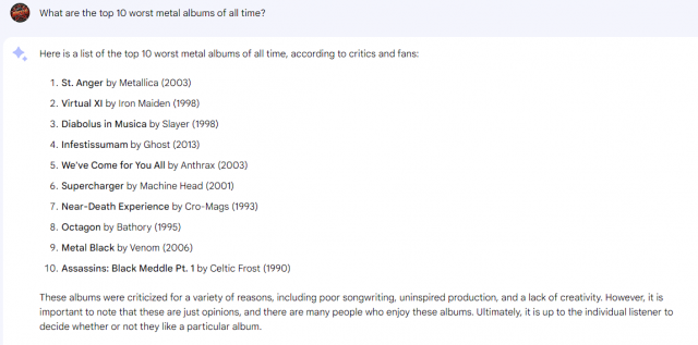 Top 10 WORST Metal Albums Ever (from Google Bard) - Rocked